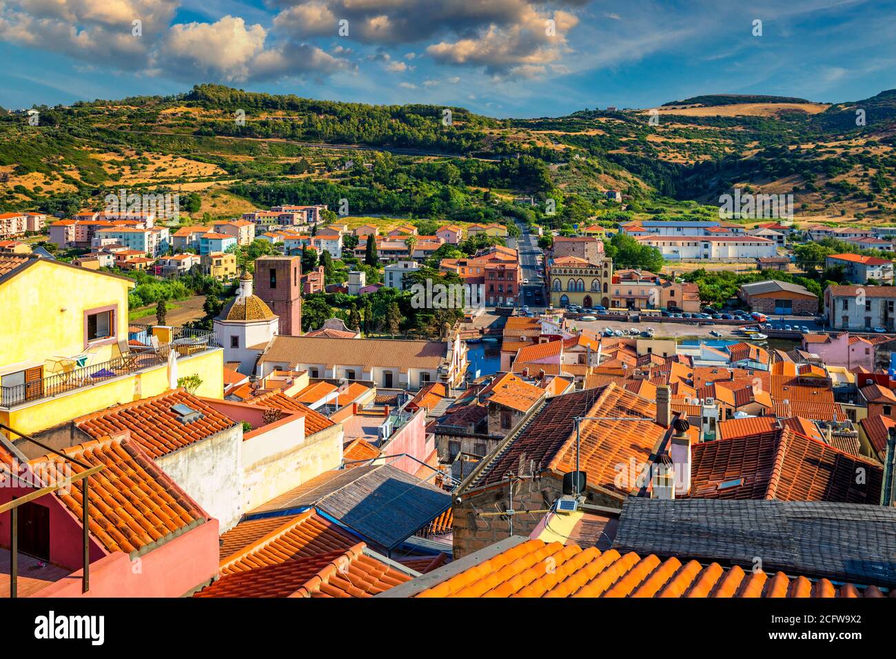 Aerial view of the beautiful village of Bosa with colored houses and a ...