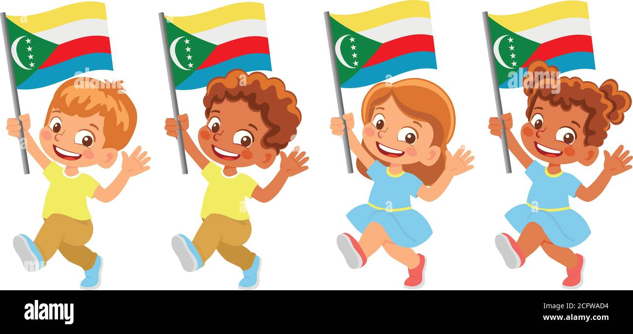 Comoros flag in hand. Children holding flag. National flag of Comoros ...