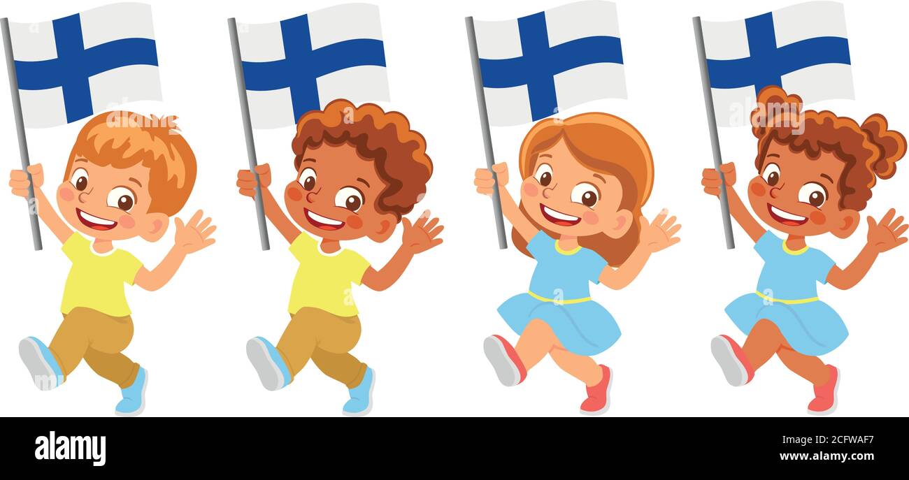 Finland flag in hand. Children holding flag. National flag of Finland ...
