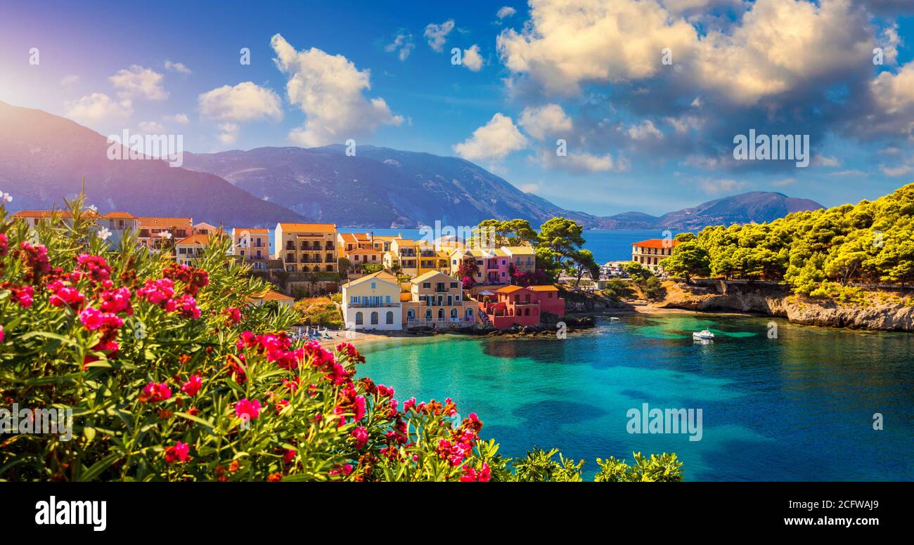 Assos village in Kefalonia, Greece. Turquoise colored bay in ...