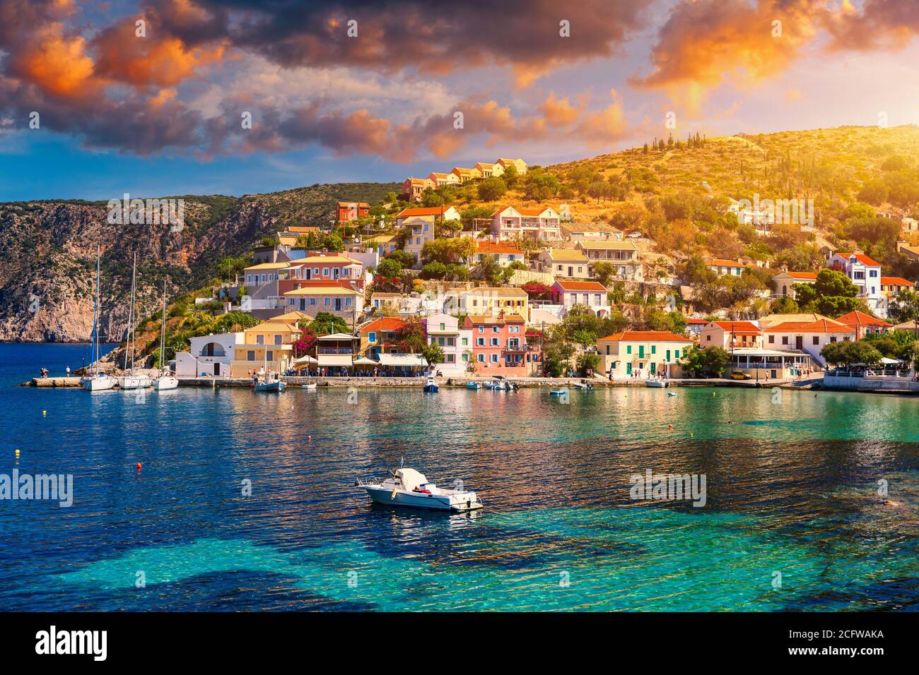 Assos village in Kefalonia, Greece. Turquoise colored bay in ...