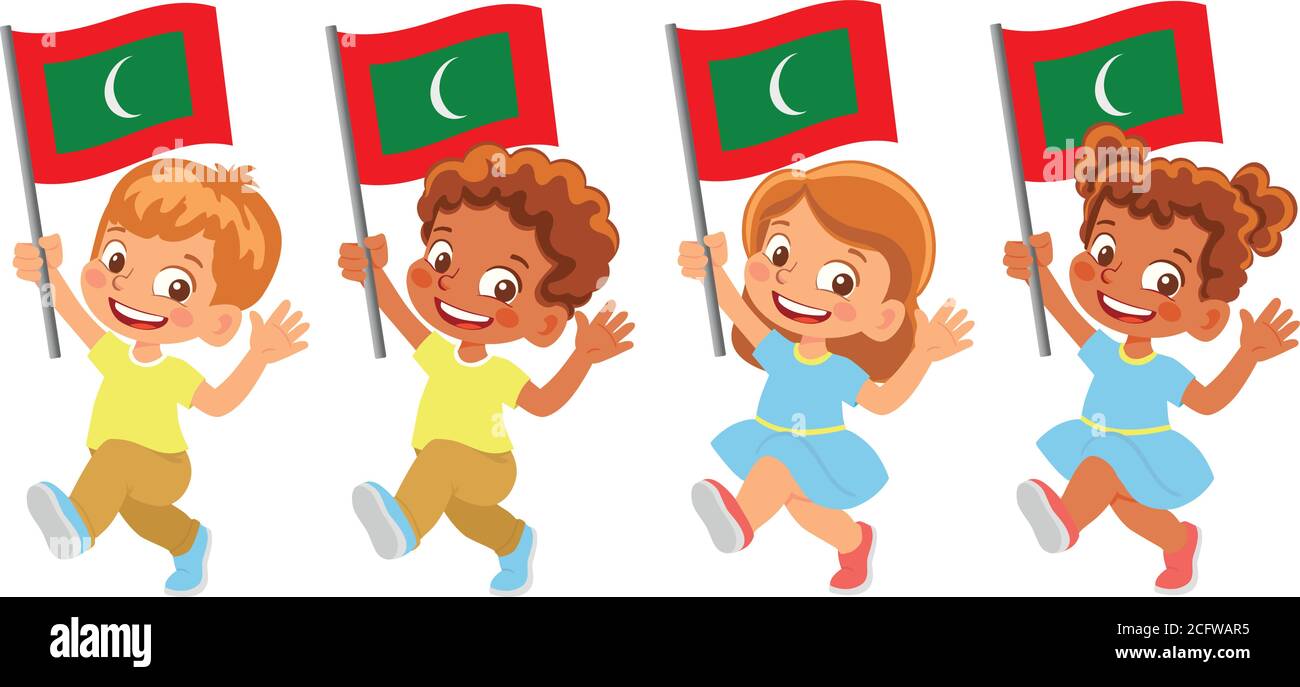 Maldives flag in hand. Children holding flag. National flag of Maldives ...