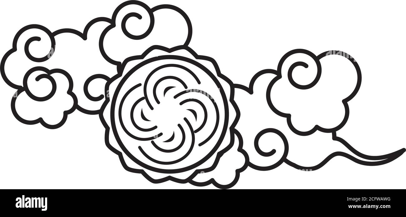 oriental cloud and mooncake icon over white background, line style ...