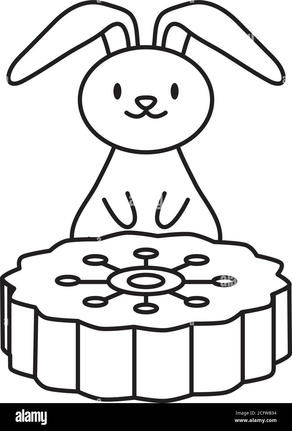 mooncake and cute rabbit icon over white background, line style, vector ...