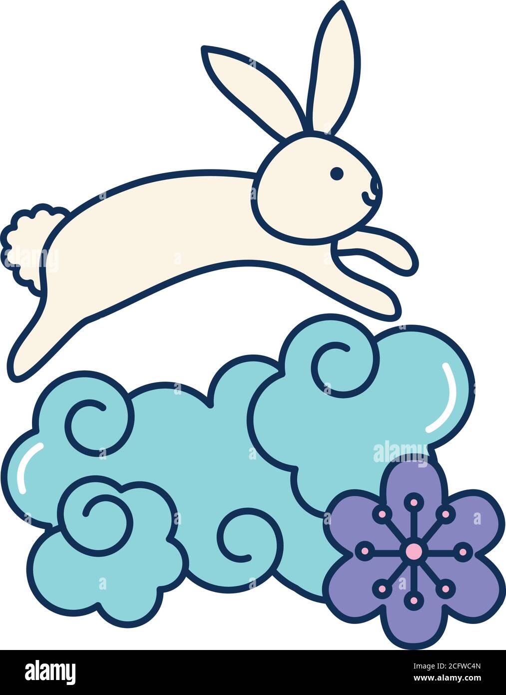 oriental cloud, flower and cute rabbit over white background, line fill ...