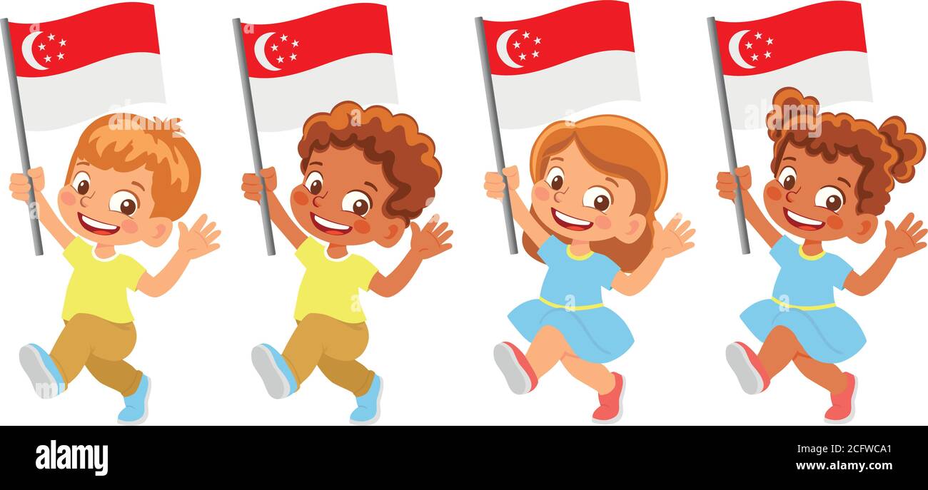 Singapore flag in hand. Children holding flag. National flag of Singapore vector Stock Vector ...