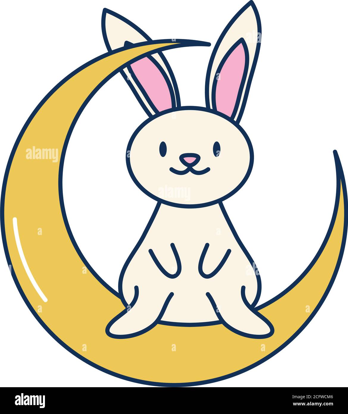 cute rabbit on moon icon over white background, line fill style, vector ...