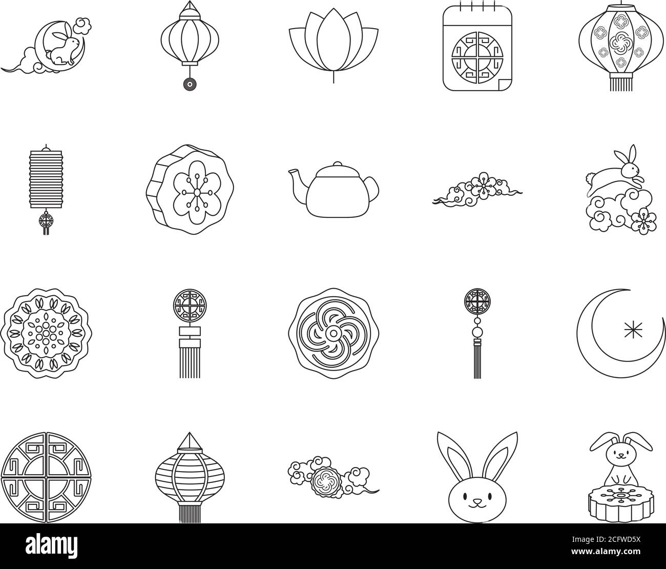 chinese lantern and mid autumn icon set over white background, line ...