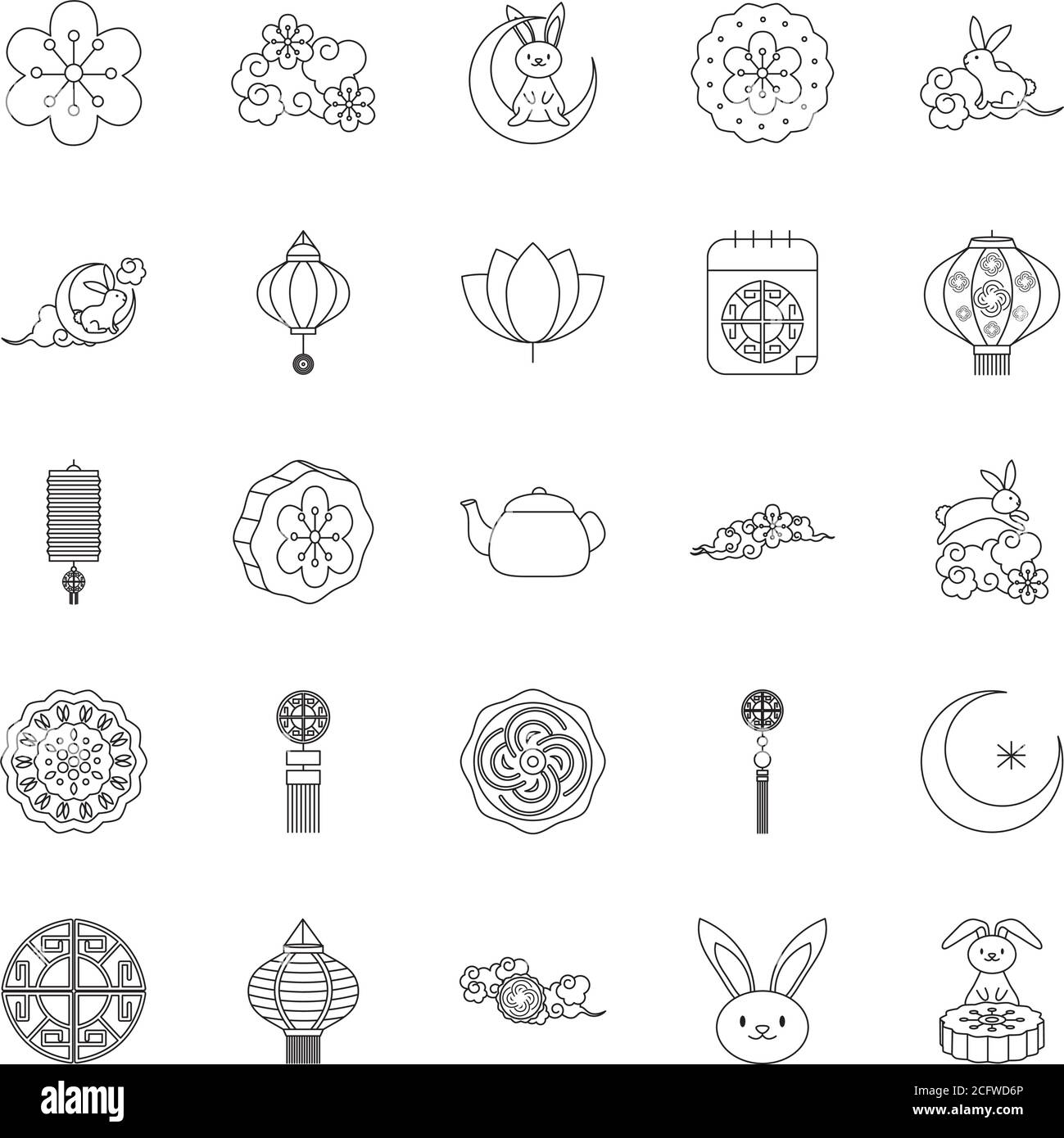 mid autumn and cartoon rabbit icon set over white background, line ...