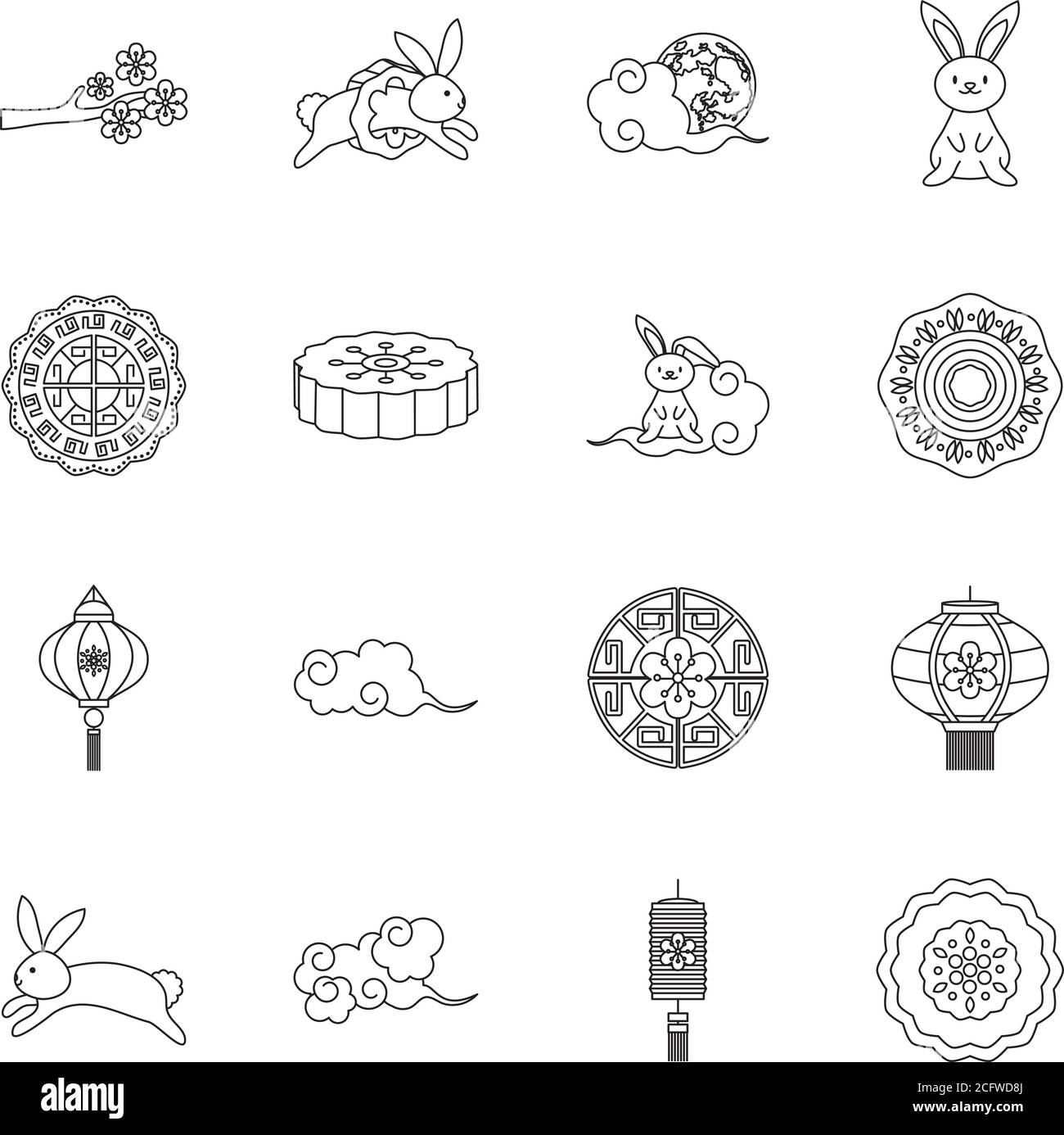 icon set of cute rabbits and mid autumn over white background, line ...