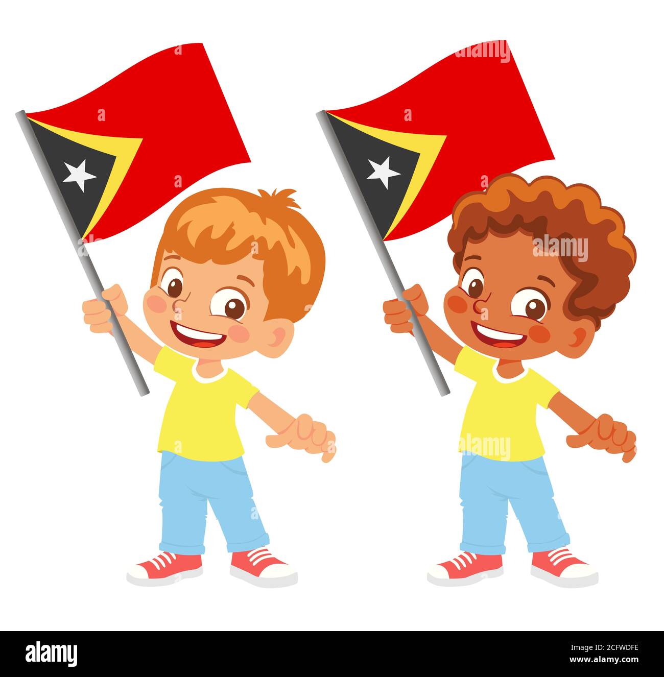 East Timor flag in hand. Children holding flag. National flag of East ...