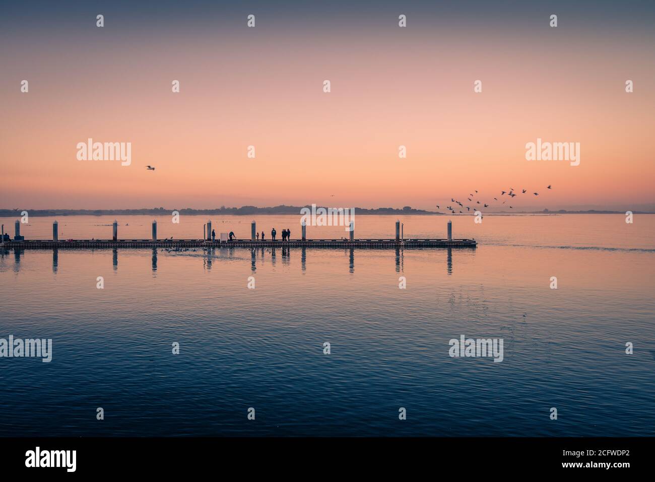 Fishing docks at sunset and birds flying around. Dreamy image Stock ...