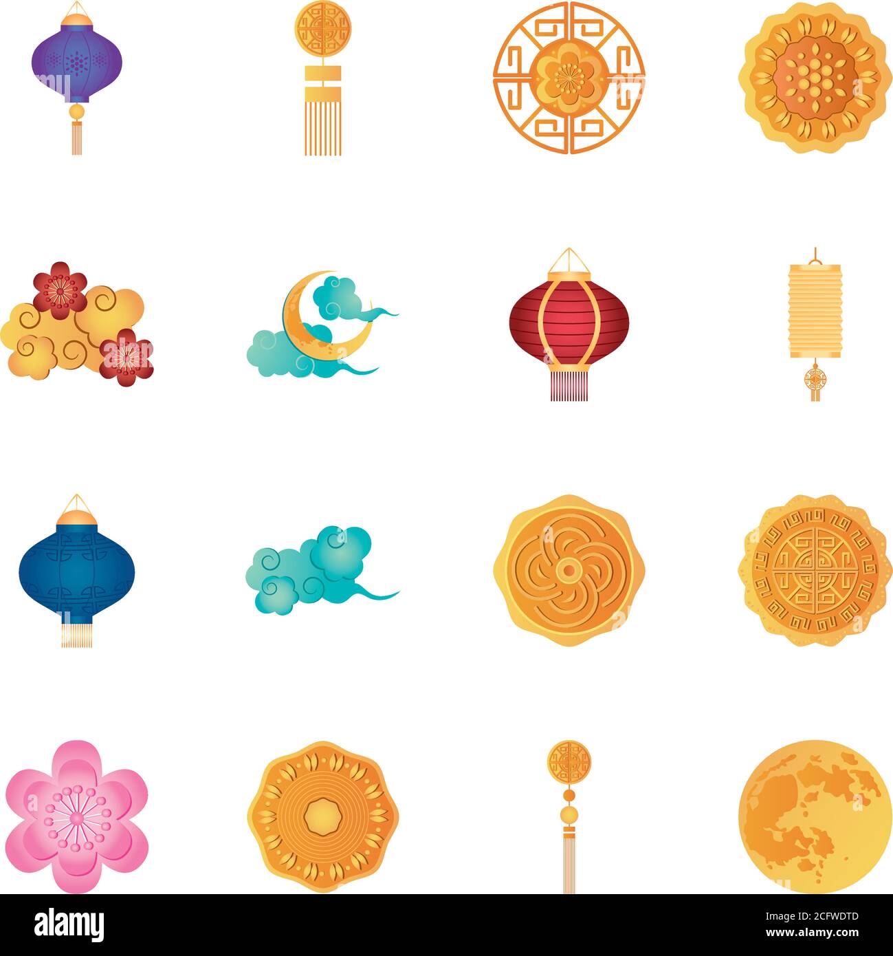 chinese lantern and mid autumn icon set over white background, detailed ...