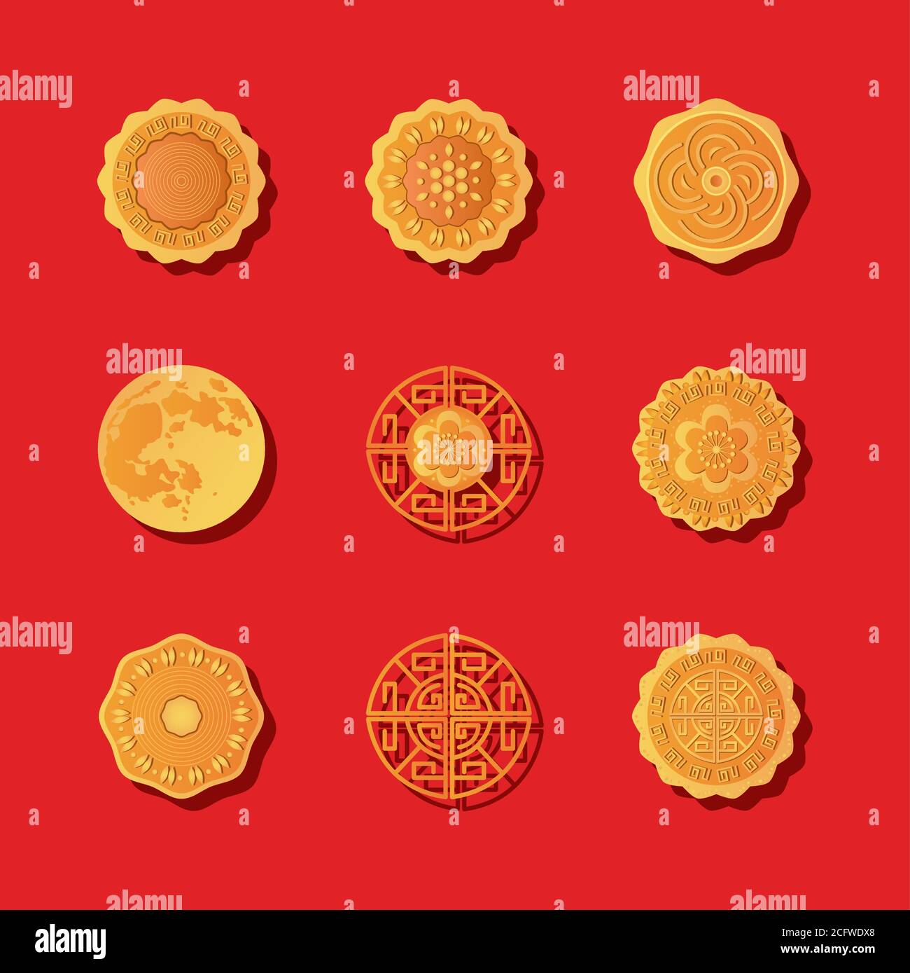 mooncakes icon set over red background, detailed style, vector ...