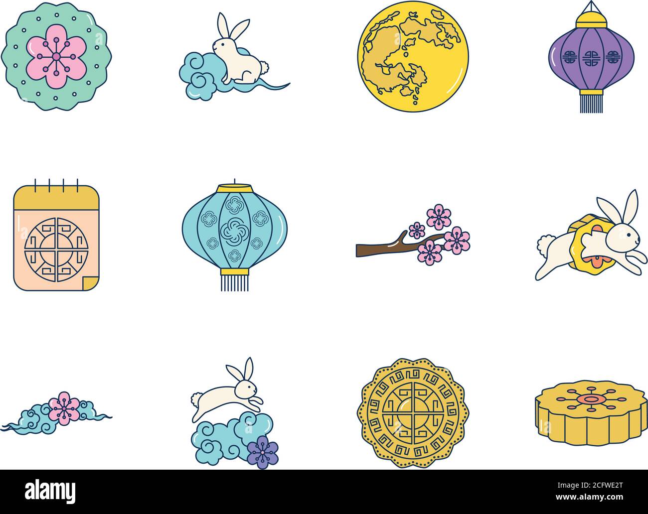 mooncake and mid autumn icon set over white background, line fill style ...