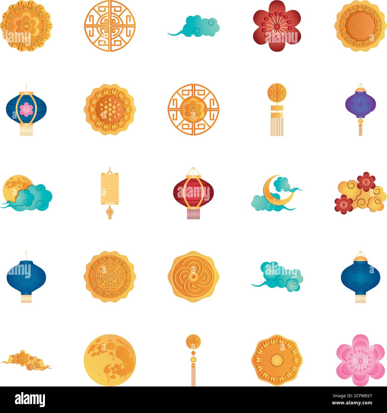 chinese charms and mooncakes icon set over white background, detailed ...