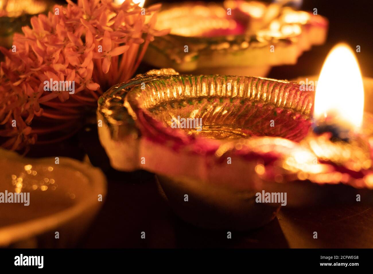 Colorful Diwali oil lamps, Deepavali oil lamps lighted in beautiful ...