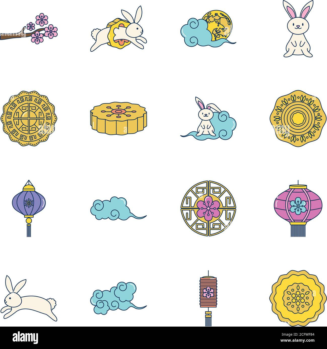 icon set of cute rabbits and mid autumn over white background, line ...