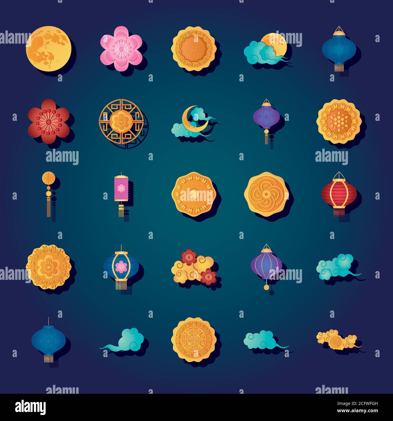 mid autumn icon set over blue background, detailed style, vector ...
