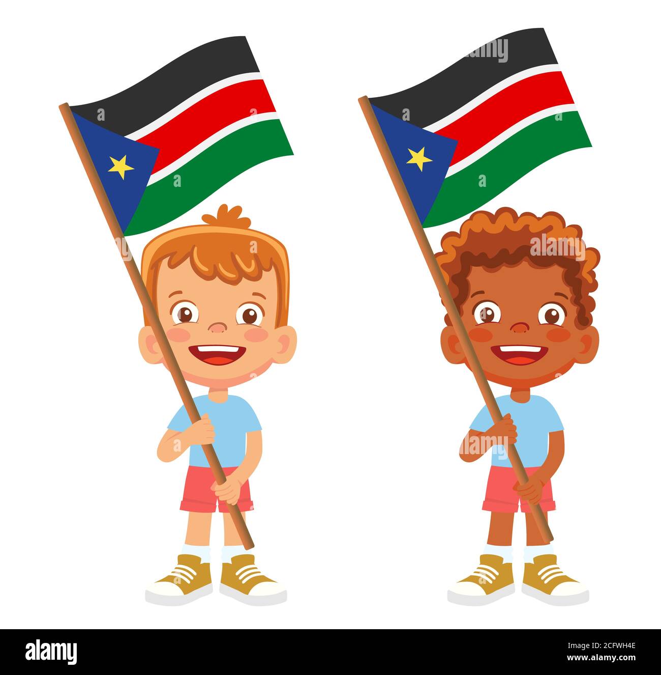 South Sudan flag in hand. Children holding flag. National flag of South ...