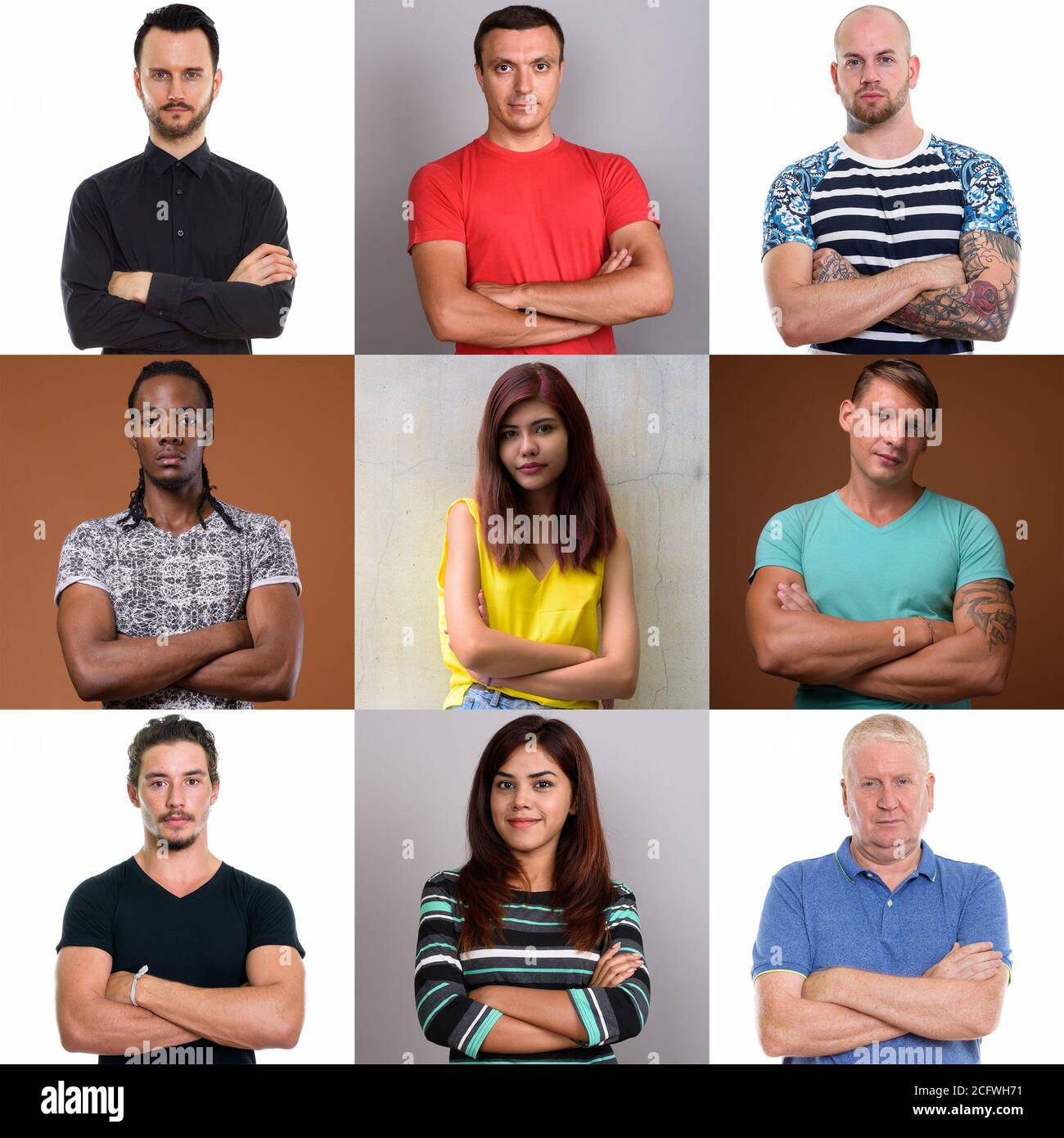 Collage of people in different ages and ethnicities with arms crossed ...