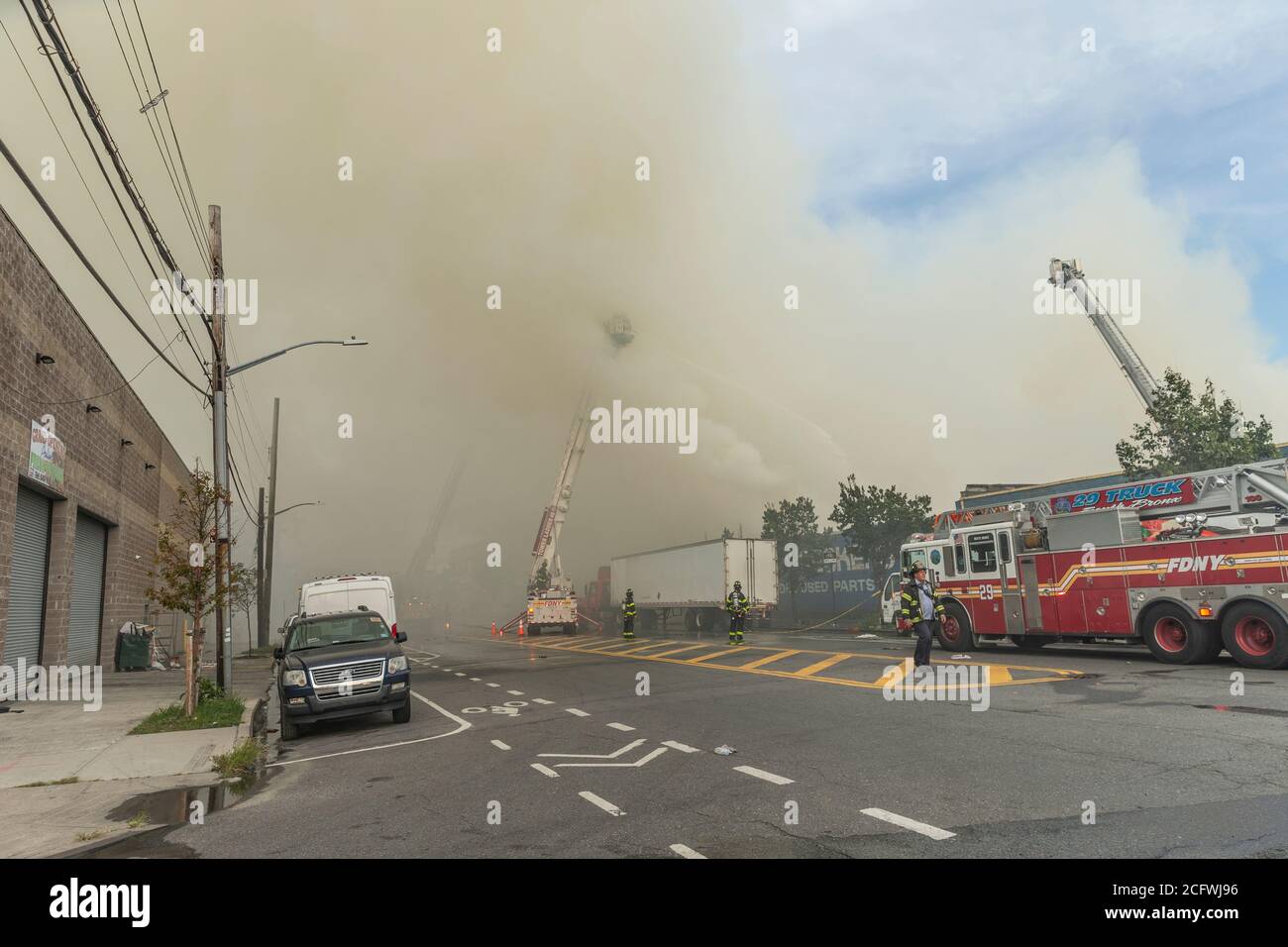 New York, NY - September 7, 2020: Firefighters battle massive salvage ...