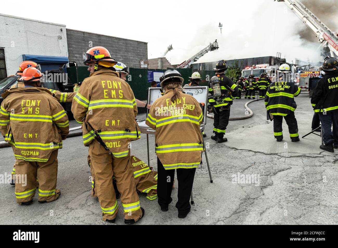 New York, NY - September 7, 2020: Firefighters battle massive salvage ...