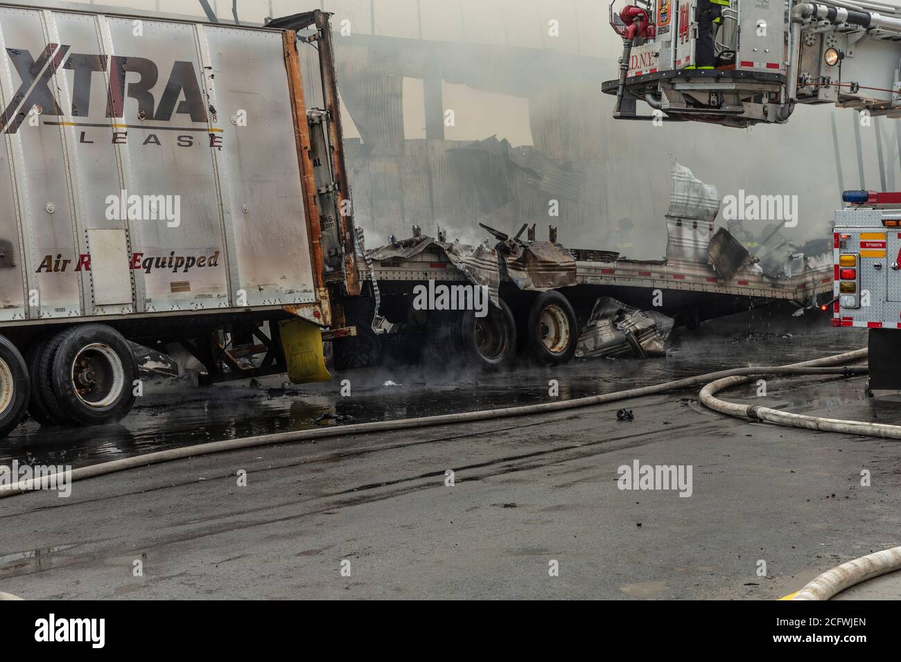 New York, NY - September 7, 2020: Firefighters battle massive salvage ...