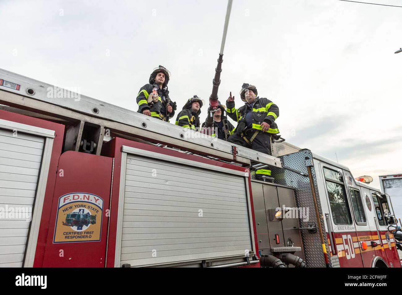 New York, NY - September 7, 2020: Firefighters battle massive salvage ...