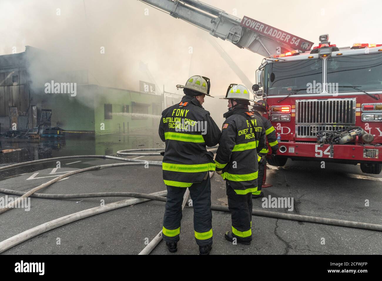 New York, NY - September 7, 2020: Firefighters battle massive salvage ...