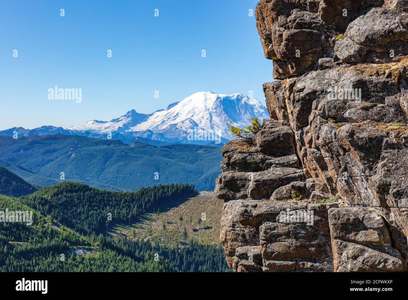 Large rock face with Mt Rainier during a summer day Stock Photo - Alamy
