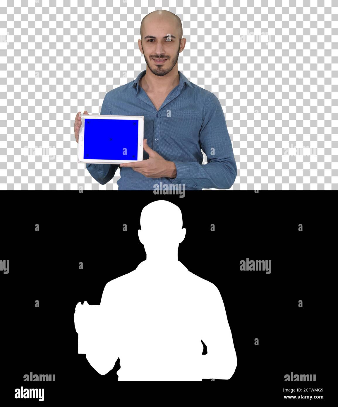 Smiling casual man presenting a tablet with a blank screen, Alpha ...