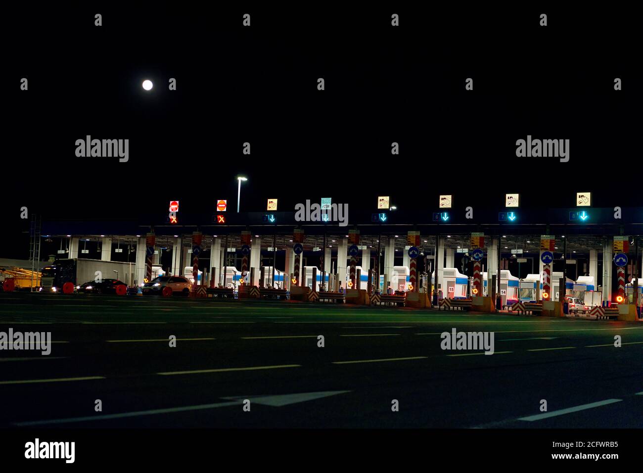 Car traffic transportation on multiple lanes highway road and toll ...