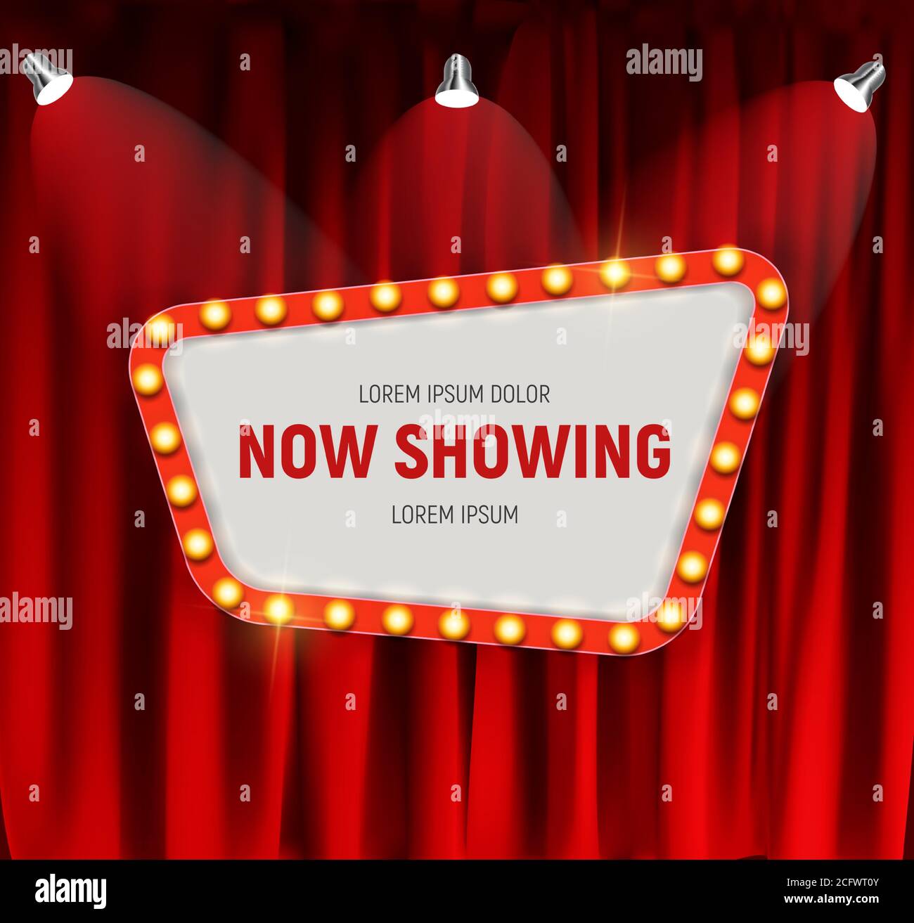 Now Showing announcement board with bulb frame on curtains background ...