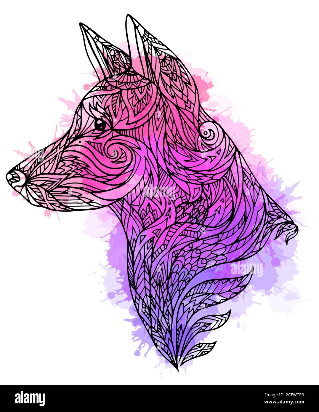 Doodle illustration of a dog head with a tribal pattern and watercolor ...