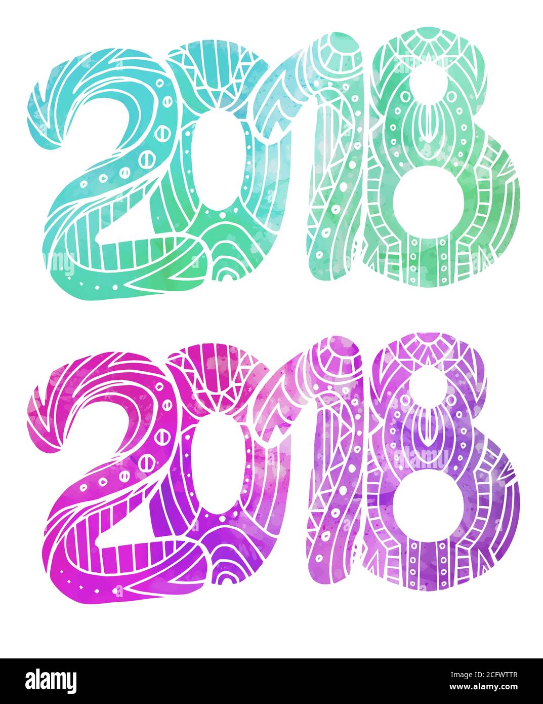 Set of doodle numbers 2018 with boho pattern and watercolor background ...