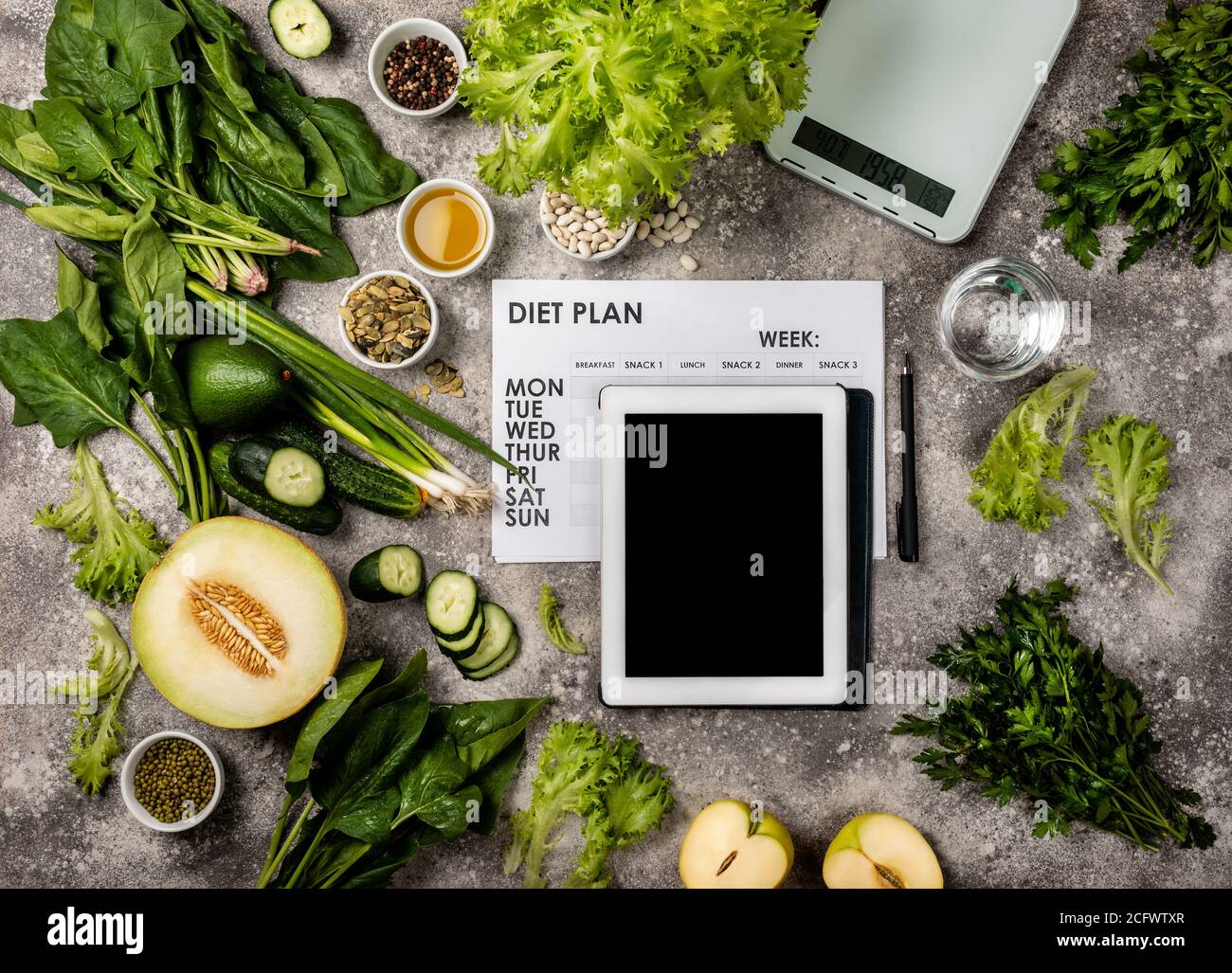 Tablet computer Diet plan Kitchen scale and Set of healthy food on the ...