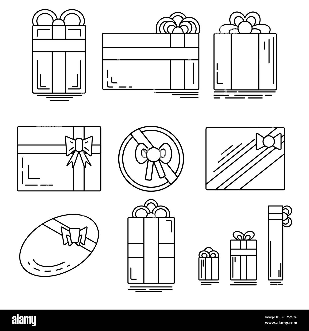 Set of linear icons of festive gifts of various shapes. Vector element ...