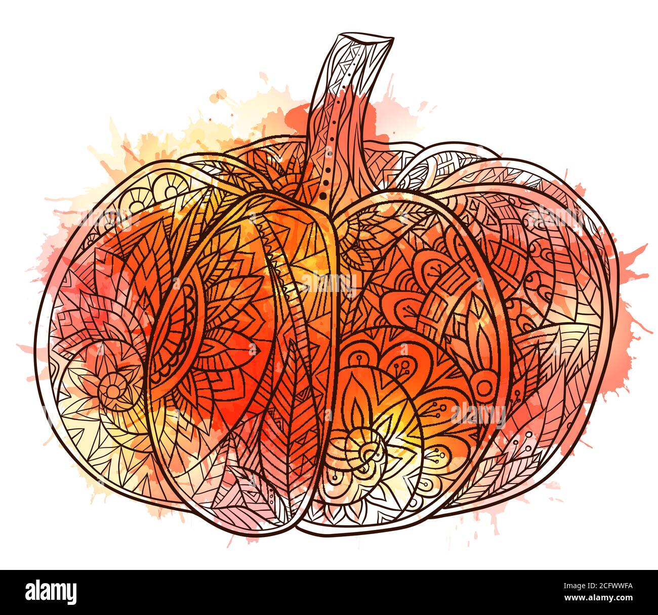 Black and white doodle illustration of pumpkin with a boho pattern and ...