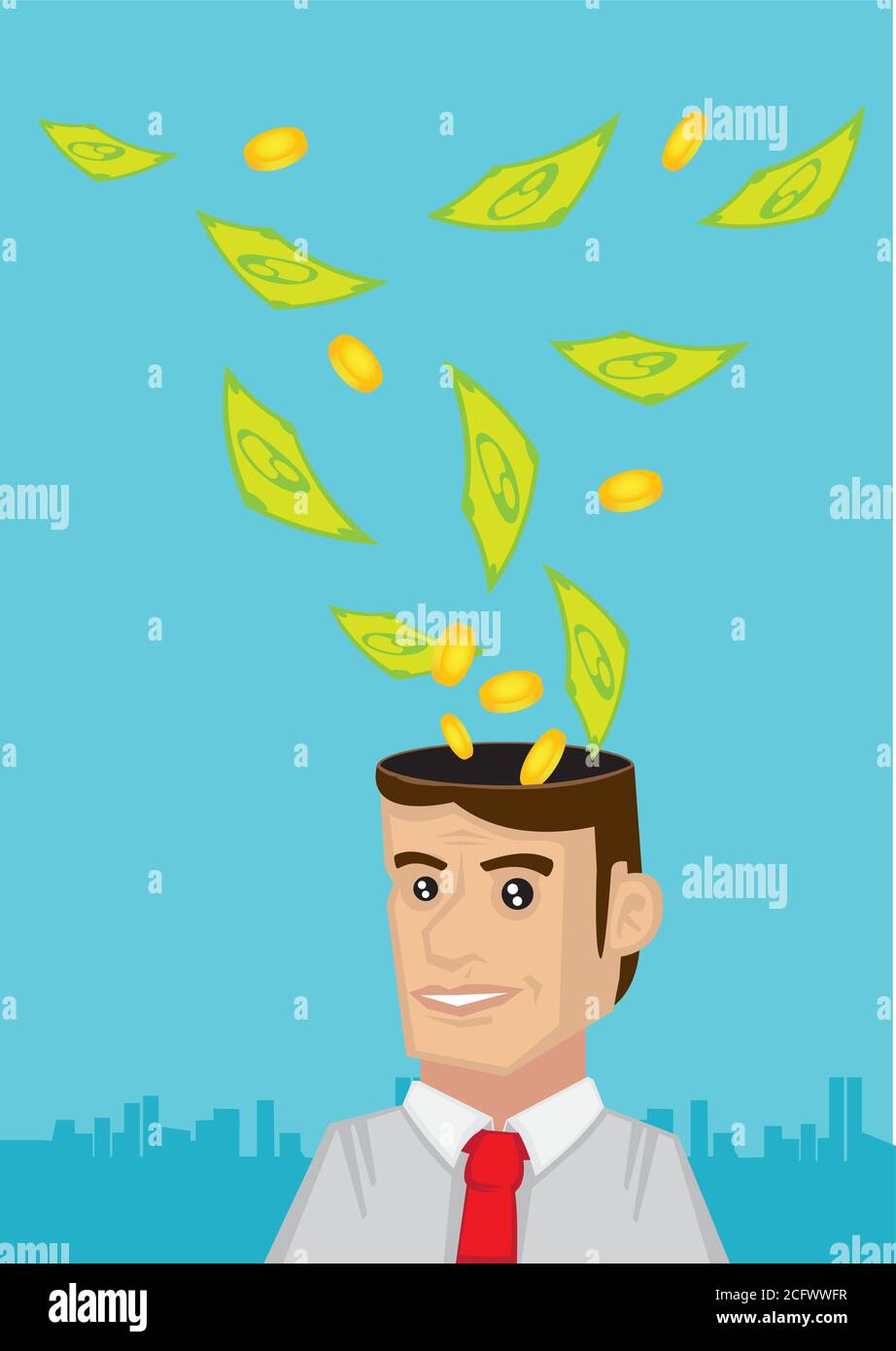 Vector illustration of cartoon man day dreaming about money and cash ...