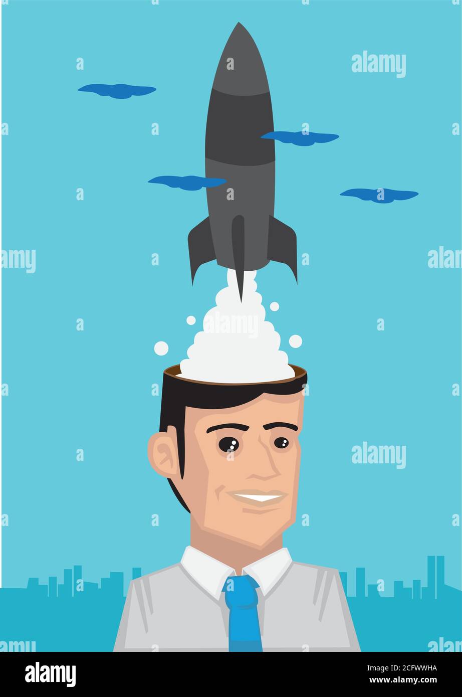 Vector illustration man thinking about a rocket in his head. Concept ...