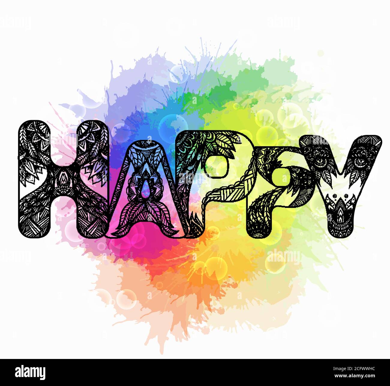Outline inscription Happy with a boho pattern and rainbow watercolor ...