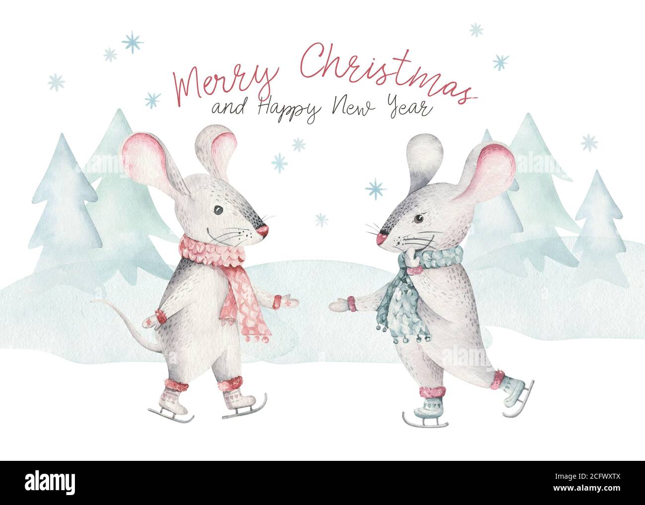 Cute funny cartoon christmas mouse christmas card. Watercolor hand ...