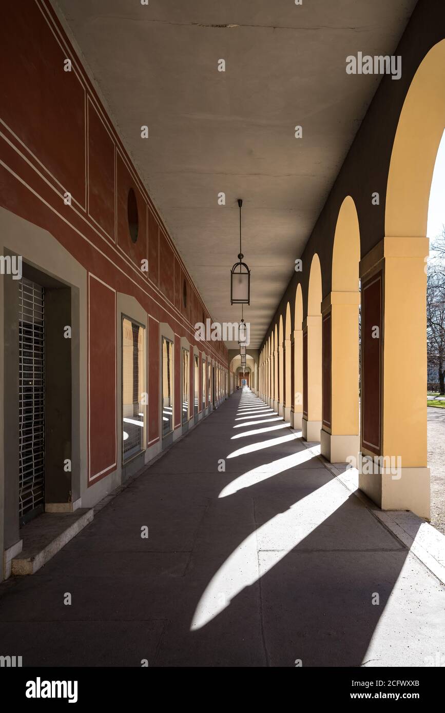 Arcade corridors, Promenade with columns surrounding Hofgarten Park in ...