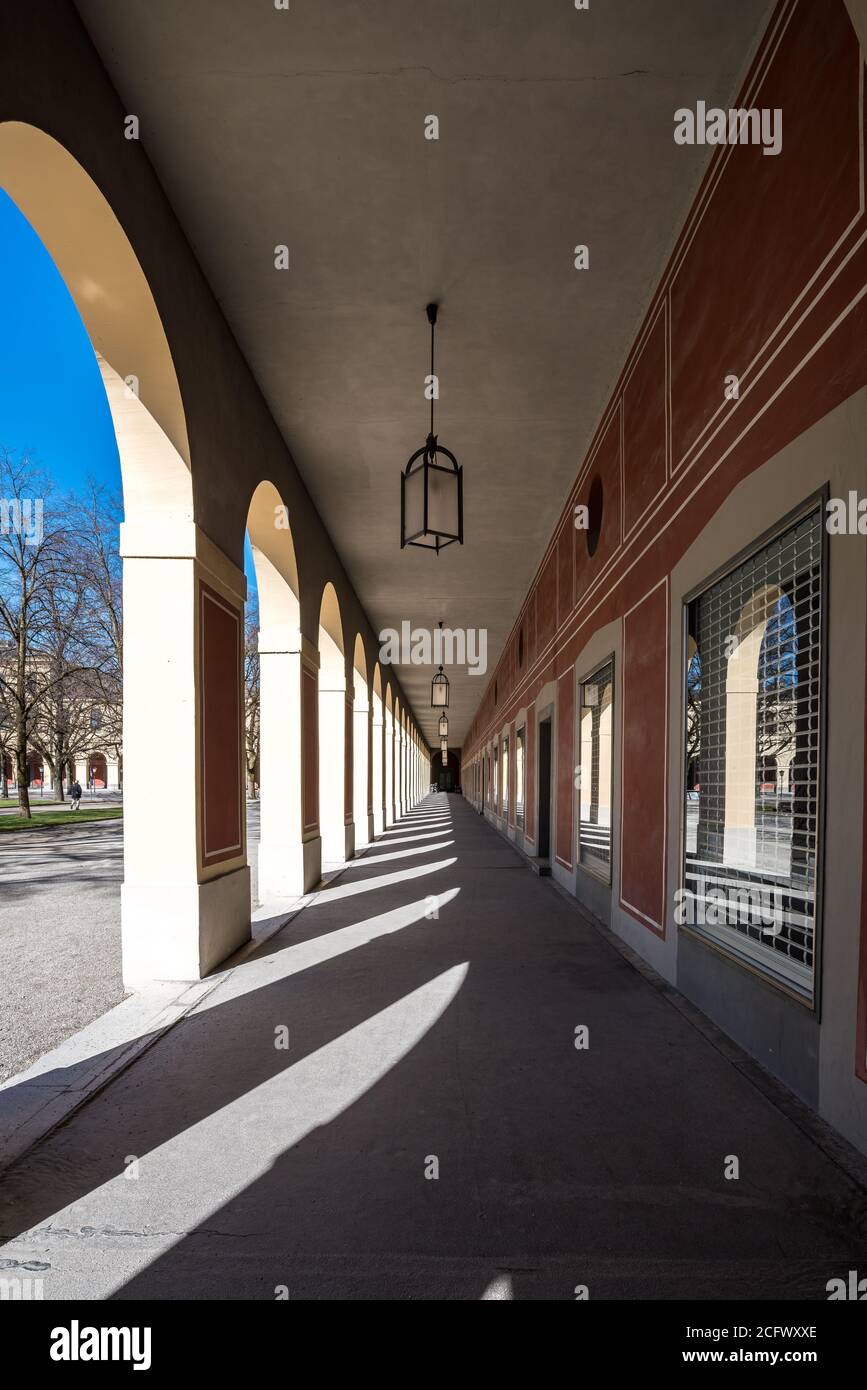 Arcade corridors, Promenade with columns surrounding Hofgarten Park in ...