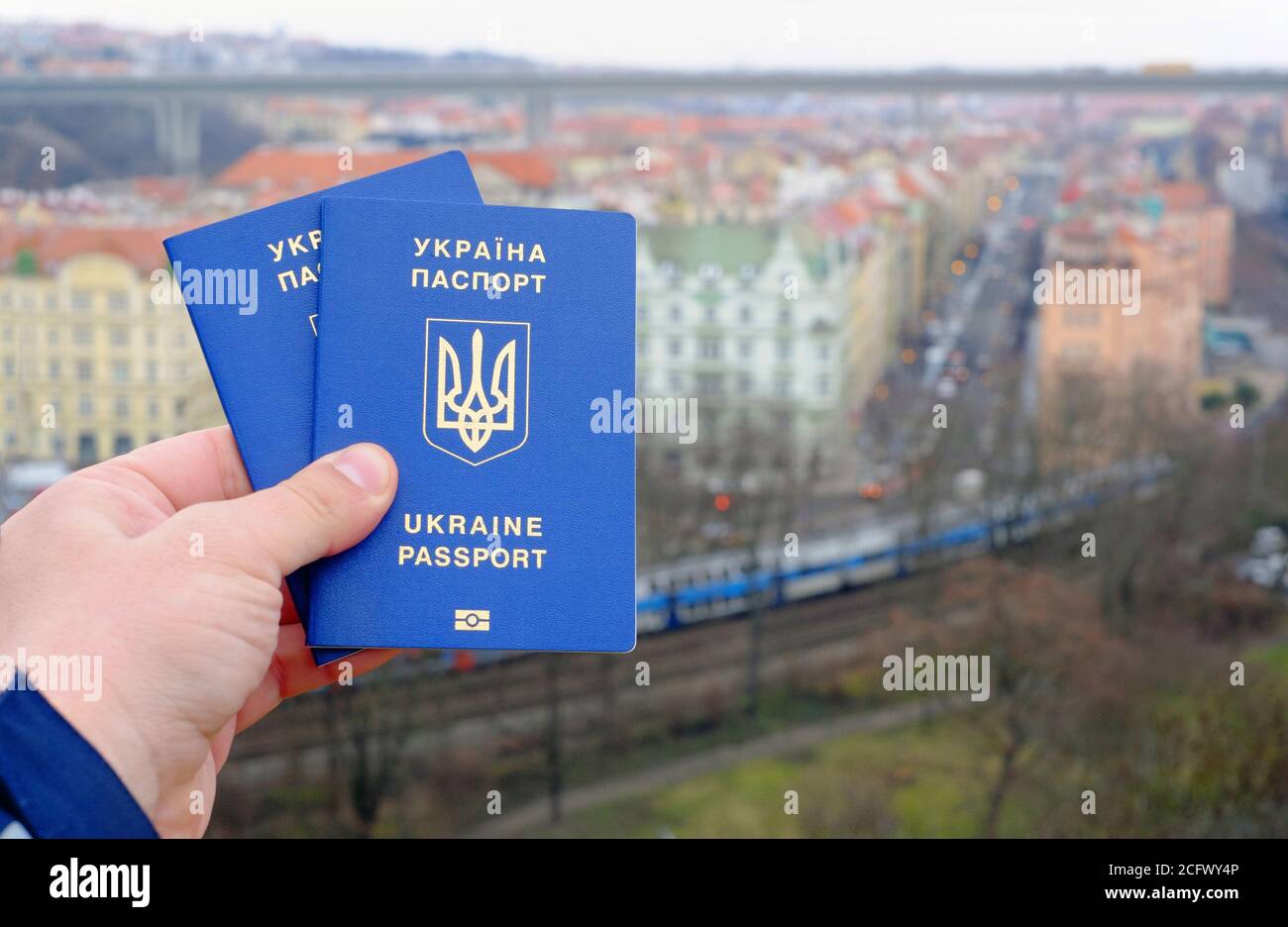 Ukrainian blue biometric passport with identification chip on against ...