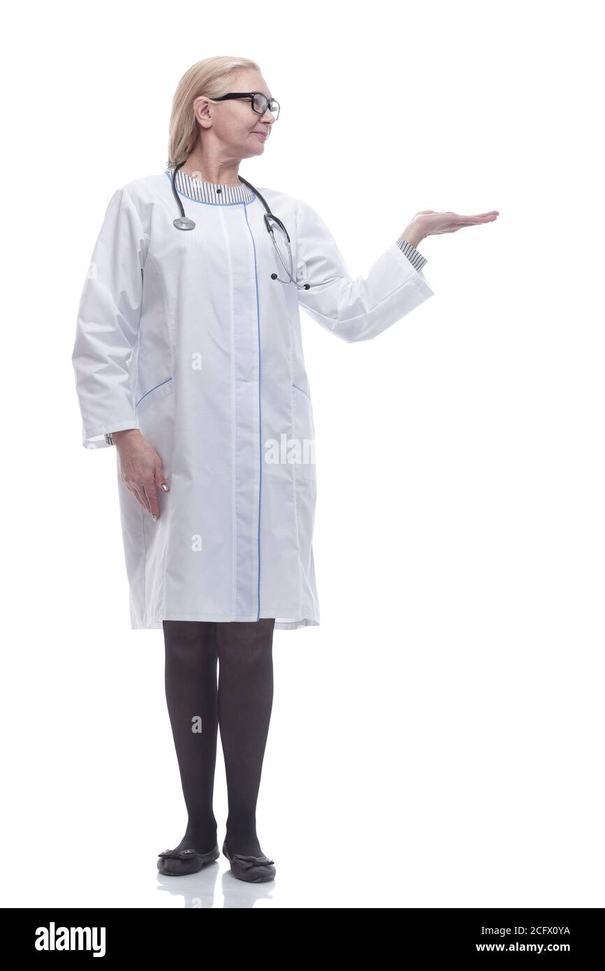 in full growth. smiling doctor pointing in the right direction Stock ...