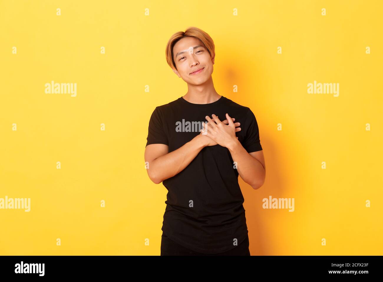 Portrait of touched handsome asian guy holding hands on heart and ...