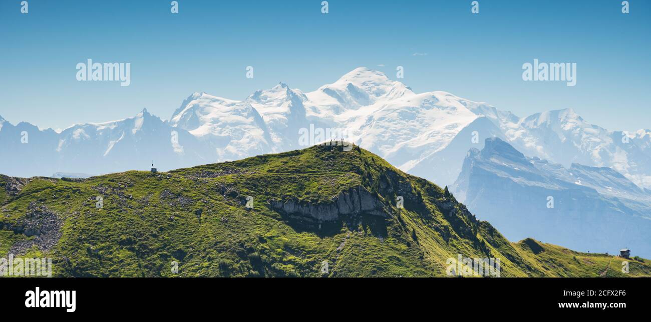 Beautiful Alpine landscape with view of snowed Mont Blanc in French ...