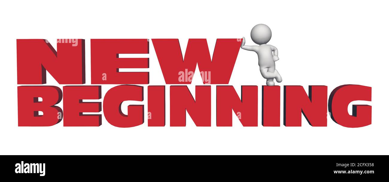 NEW BEGINNING lettering in red color and leaning 3D people - isolated ...